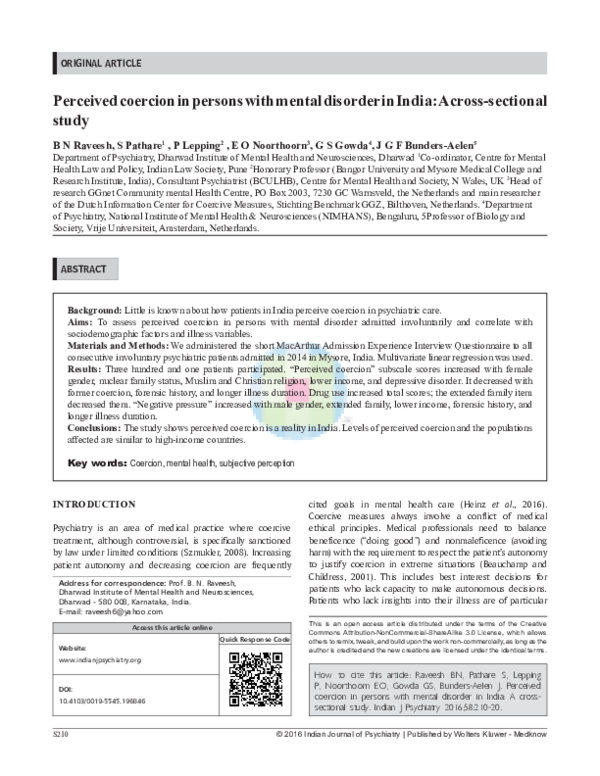 (PDF) Perceived coercion in persons with mental disorder in India: A cross-sectional study