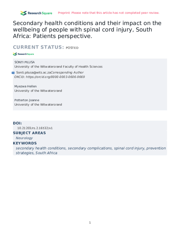 (PDF) Secondary health conditions and their impact on the wellbeing of ...