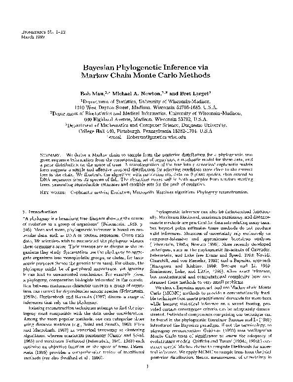 (PDF) Bayesian Phylogenetic Inference via Markov Chain Monte Carlo Methods