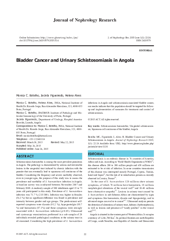(PDF) Bladder Cancer and Urinary Schistosomiasis in Angola