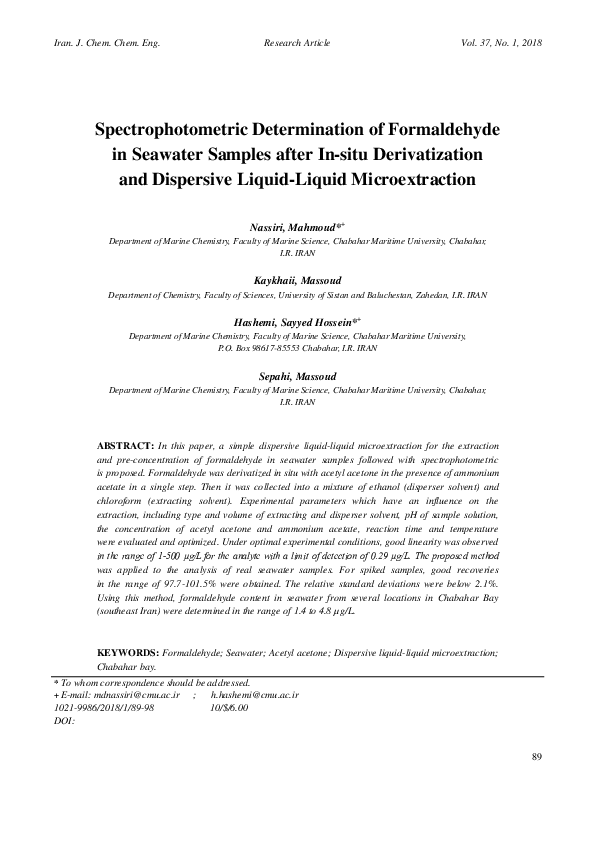 (PDF) Spectrophotometric Determination of Formaldehyde in Seawater Samples after In-situ ...
