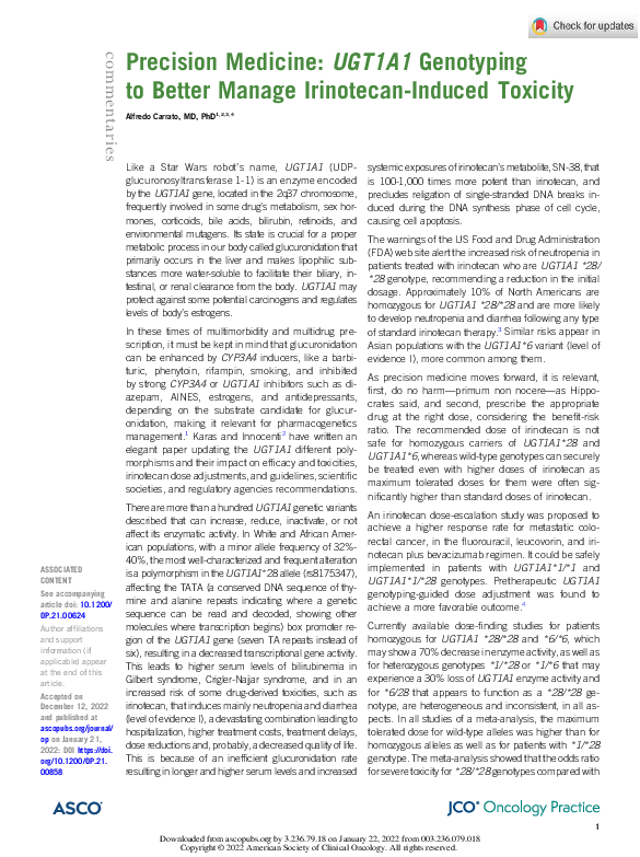 (PDF) Precision Medicine: UGT1A1 Genotyping to Better Manage Irinotecan ...