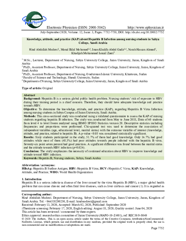 (PDF) Knowledge, attitude, and practice (KAP) about Hepatitis B Infection among nursing students ...