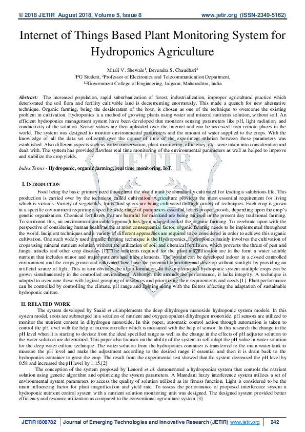 (PDF) Internet of Things Based Plant Monitoring System for Hydroponics Agriculture
