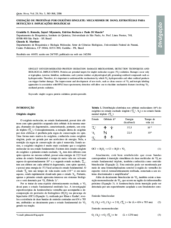 (PDF) Oxidação de proteínas por oxigênio singlete: mecanismos de dano ...