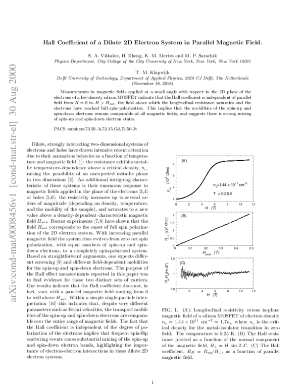 (PDF) Hall coefficient of a dilute two-dimensional electron system in a ...