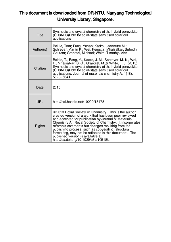 (PDF) Synthesis and crystal chemistry of the hybrid perovskite (CH3NH3 ...