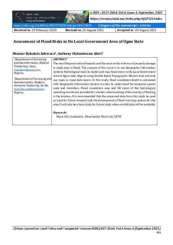(PDF) Assessment of Flood Risks in Ifo Local Government Area of Ogun State