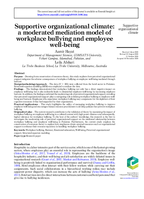 (PDF) Supportive organizational climate: a moderated mediation model of ...