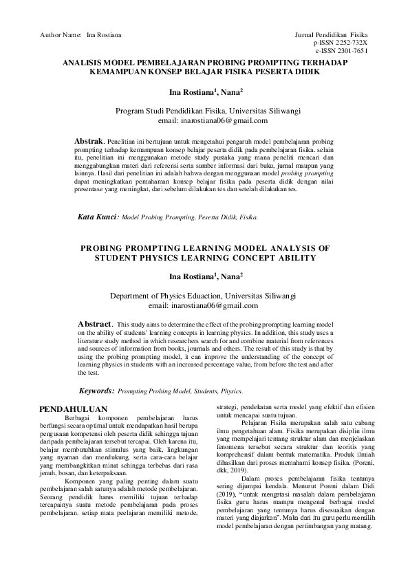 (PDF) Analisis Model Pembelajaran Probing Prompting Terhadap Kemampuan Konsep Belajar Fisika ...