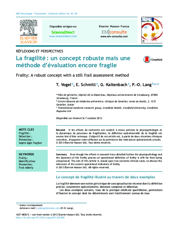 (PDF) La fragilité : un concept robuste mais une méthode d’évaluation ...