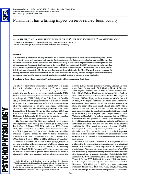(PDF) Punishment has a lasting impact on error‐related brain activity