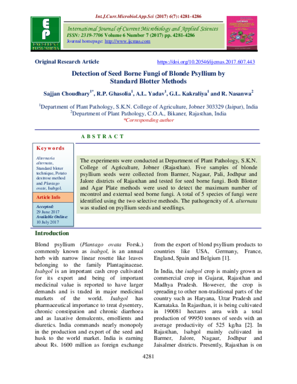 (PDF) Detection of Seed Borne Fungi of Blonde Psyllium by Standard ...