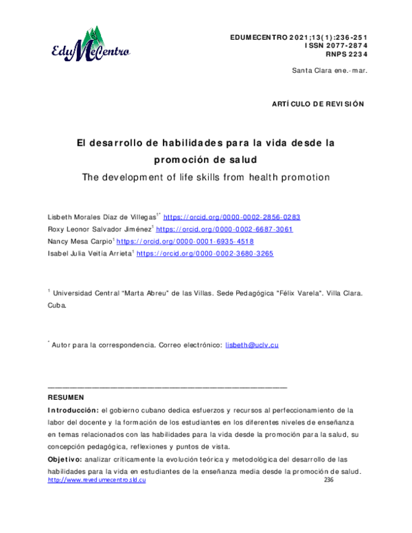 (PDF) El desarrollo de habilidades para la vida desde la promoción de salud