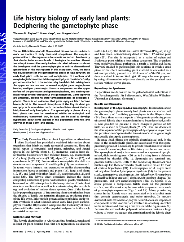 (PDF) Life history biology of early land plants: Deciphering the ...