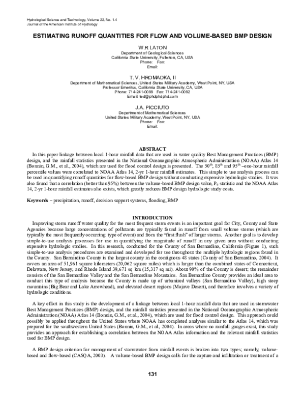 (PDF) ESTIMATING RUNOFF QUANTITIES FOR FLOW AND VOLUME-BASED BMP DESIGN