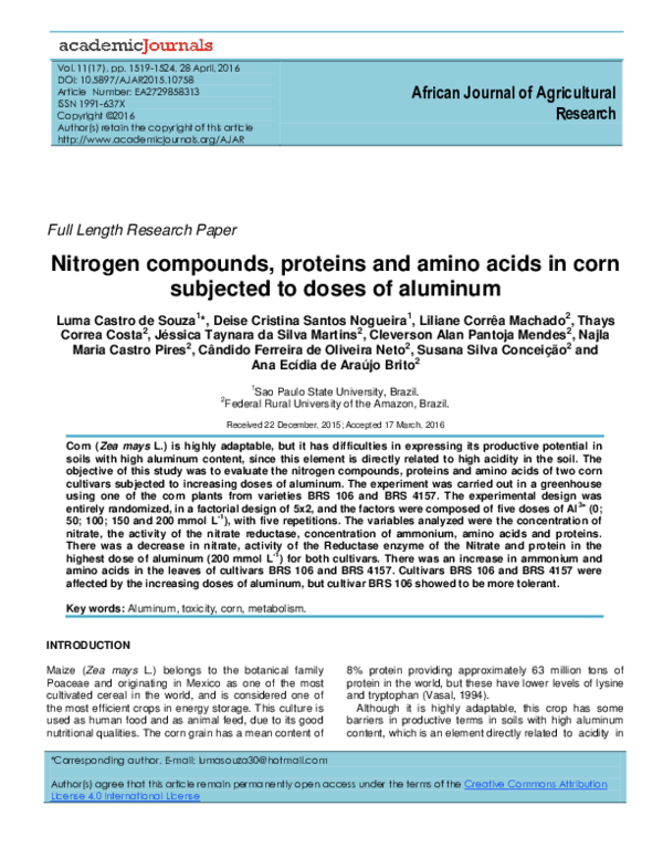(PDF) Nitrogen compounds, proteins and amino acids in corn subjected to ...