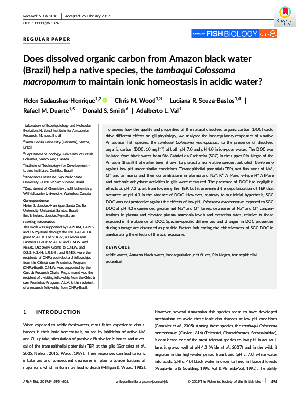 (PDF) Does dissolved organic carbon from Amazon black water (Brazil) help a native species, the ...