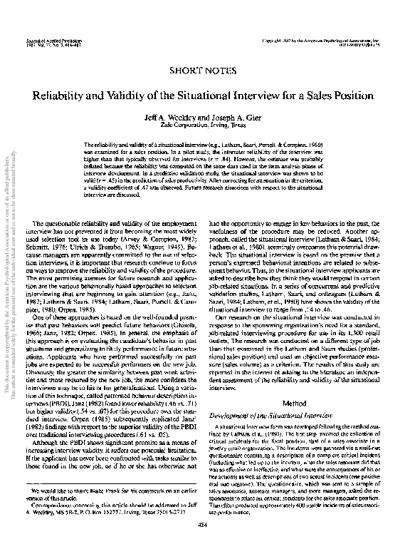 (PDF) Reliability and validity of the situational interview for a sales position