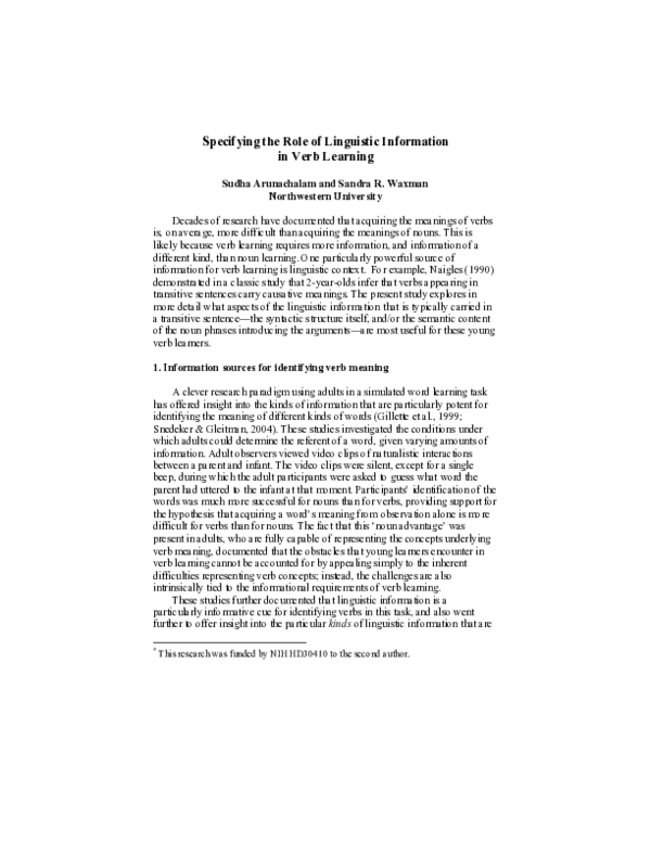 (PDF) Specifying the role of linguistic information in verb learning