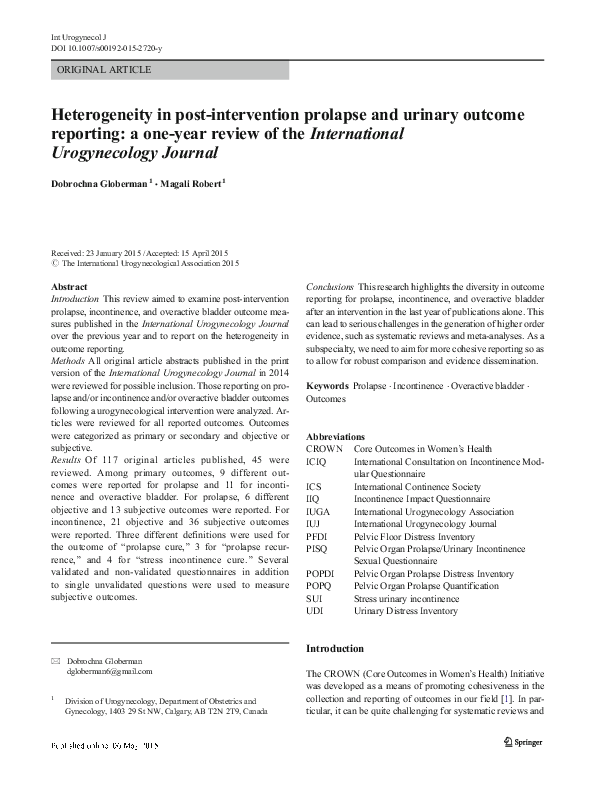 (PDF) Heterogeneity in post-intervention prolapse and urinary outcome ...