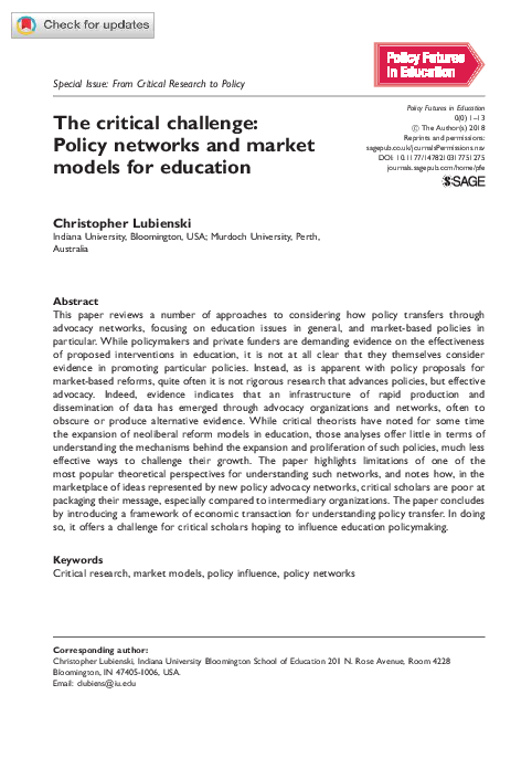 (PDF) The critical challenge: Policy networks and market models for ...