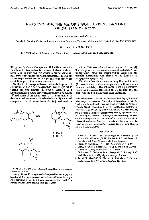 (PDF) Haagenolide, the major sesquiterpene lactone of Baltimora recta
