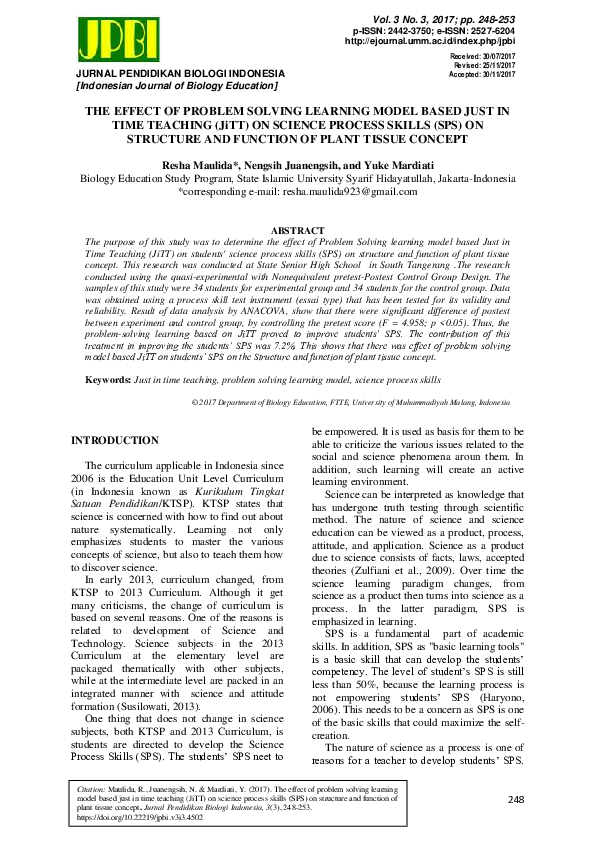 (PDF) The effect of problem solving learning model based just in time teaching (JiTT) on science ...