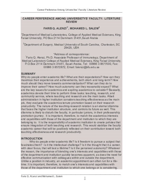 (PDF) Career Preference among Universities' Faculty: Literature Review