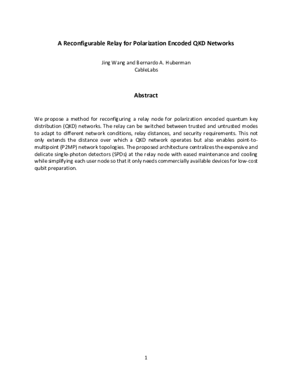 (PDF) A Reconfigurable Relay for Polarization Encoded QKD Networks | Bernardo Huberman ...