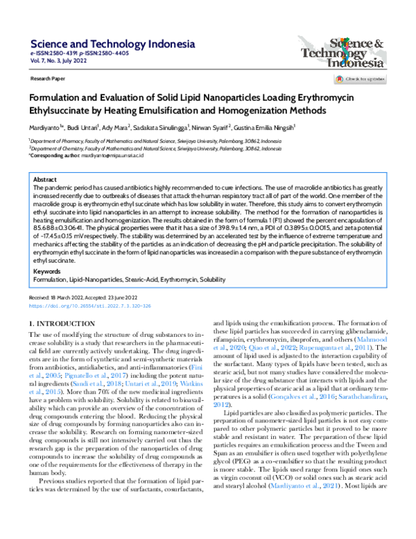 (PDF) Formulation and Evaluation of Solid Lipid Nanoparticles Loading Erythromycin ...