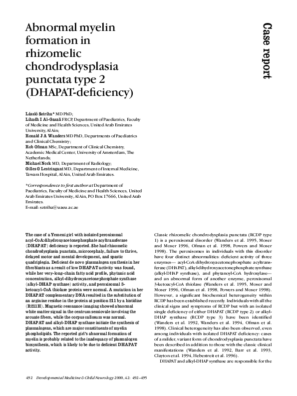(PDF) Abnormal myelin formation in rhizomelic chondrodysplasia punctata ...