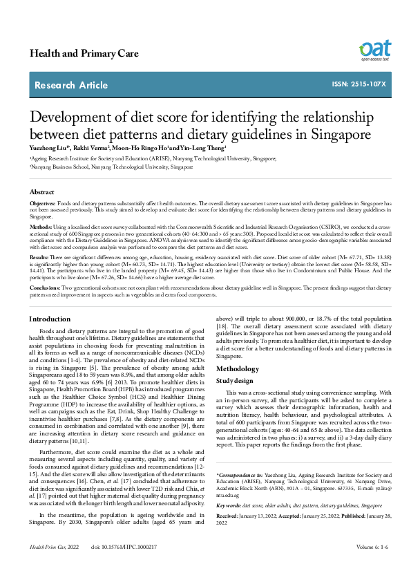 (PDF) Development of Diet Score for Identifying the Relationship ...