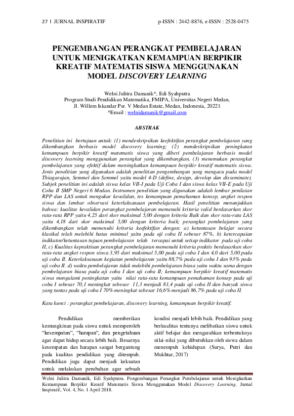 (PDF) Pengembangan Perangkat Pembelajaran Untuk Menigkatkan Kemampuan Berpikir Kreatif Matematis ...
