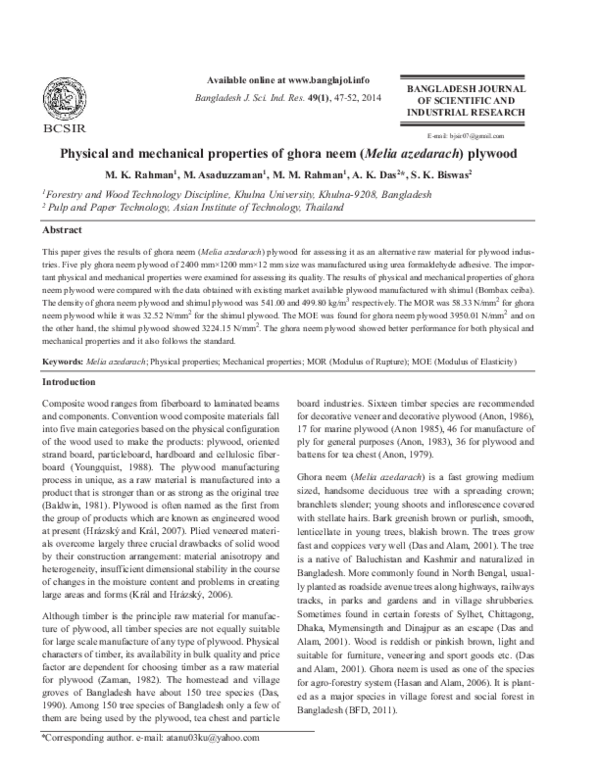 (PDF) Physical and mechanical properties of ghora neem (Melia azedarach ...