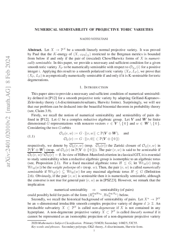 (PDF) NUMERICAL SEMISTABILITY OF PAIRS FOR PROJECTIVE TORIC VARIETIES