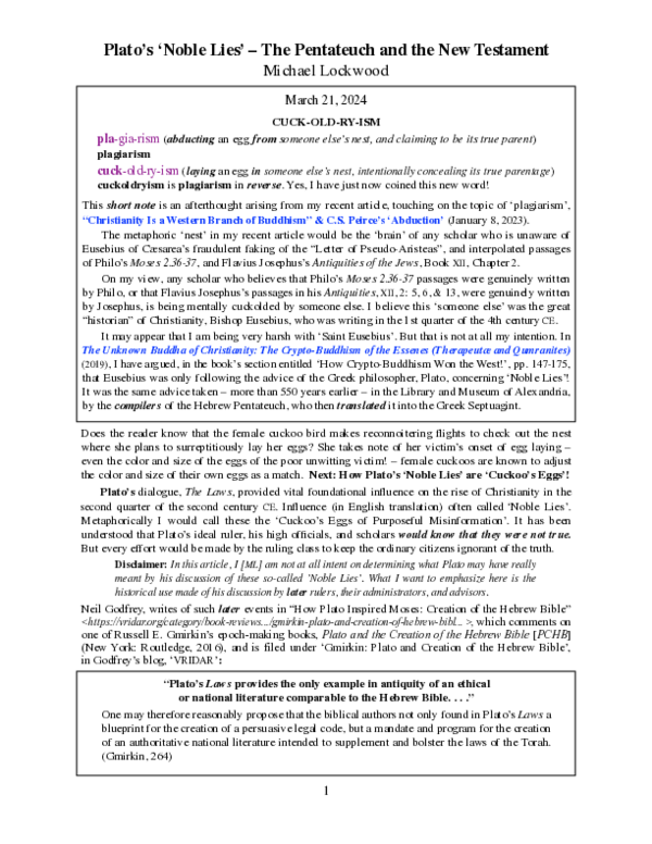 (PDF) Plato’s ‘Noble Lies’ – The Pentateuch and the New Testament