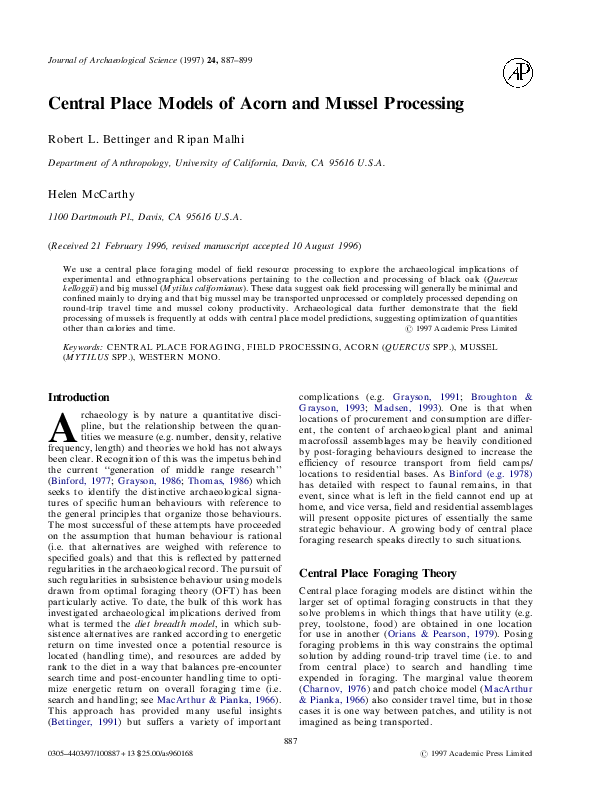 (PDF) Central Place Models of Acorn and Mussel Processing
