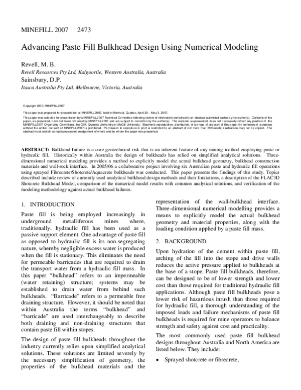 (PDF) Sainsbury, Revell 2007 Advancing paste fill bulkhead design using ...