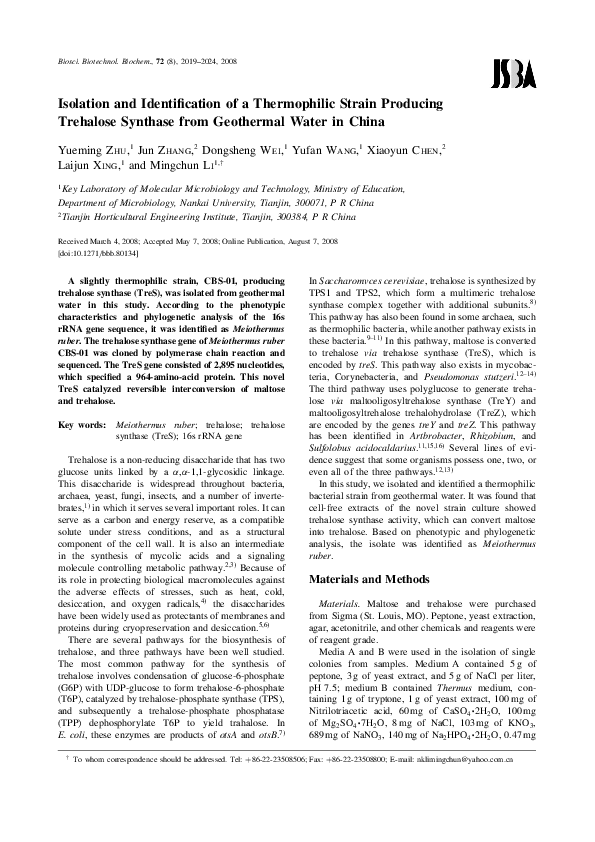 (PDF) Isolation and Identification of a Thermophilic Strain Producing Trehalose Synthase from ...