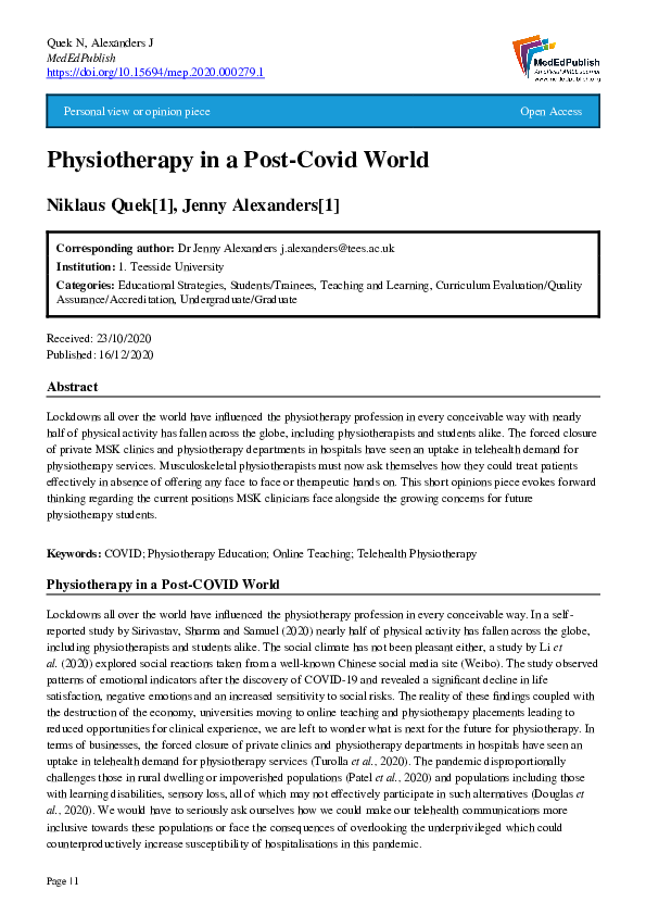 (PDF) Physiotherapy in a Post-Covid World