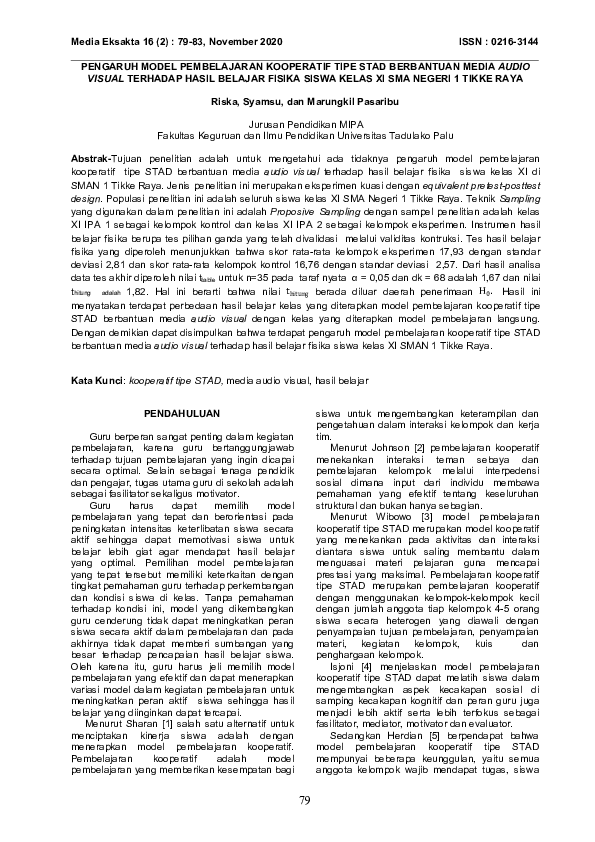 (PDF) Pengaruh Model Pembelajaran Kooperatif Tipe Stad Berbantuan Media Audio Visual Terhadap ...
