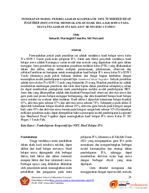 (PDF) Penerapan Model Pembelajaran Kooperatif Tipe Numbered Head Together (NHT) Untuk ...