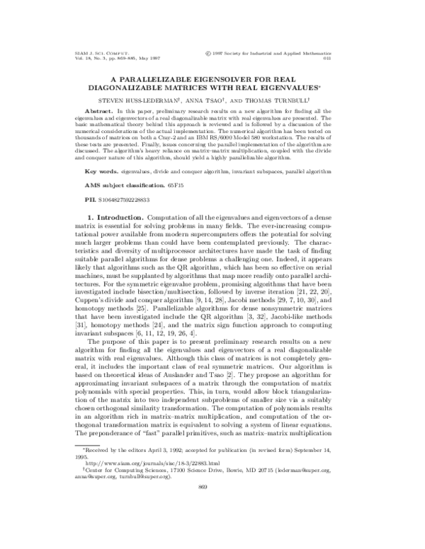 Pdf A Parallelizable Eigensolver For Real Diagonalizable Matrices With Real Eigenvalues