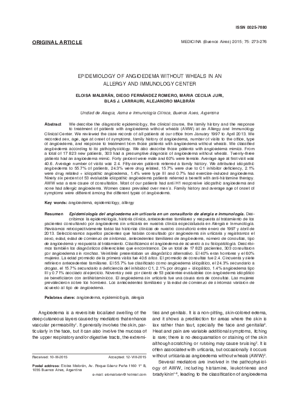 (PDF) Epidemiology of angioedema without wheals in an allergy and ...