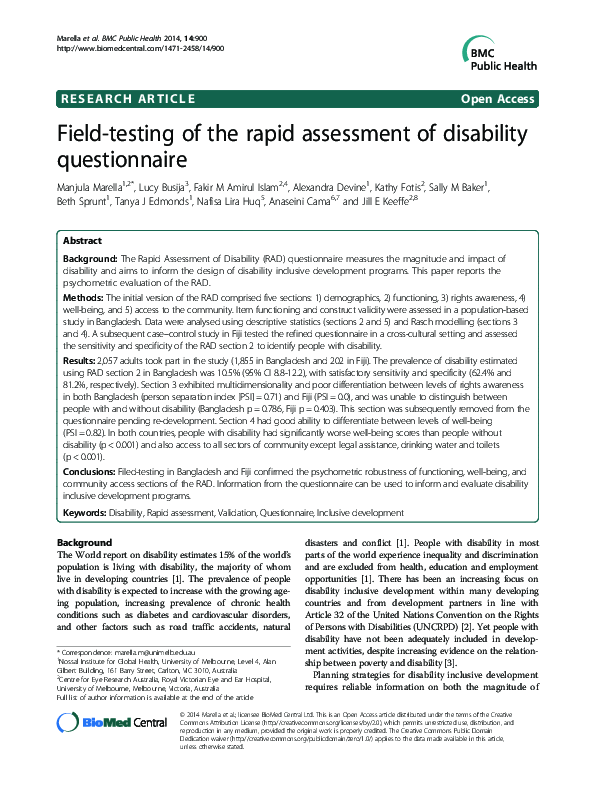 (PDF) Field-testing of the rapid assessment of disability questionnaire