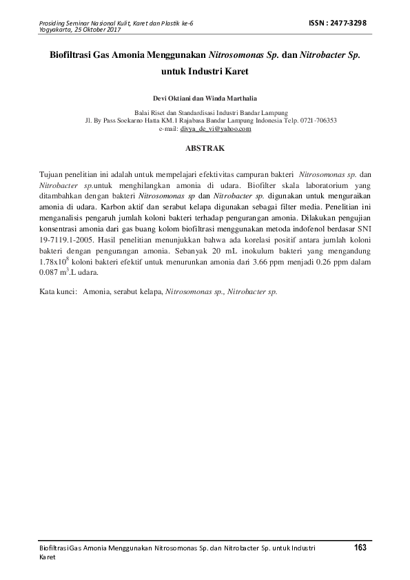(PDF) Biofiltrasi Gas Amonia Menggunakan Nitrosomonas Sp. Dan ...