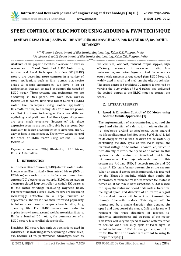 (PDF) Speed Control of BLDC Motor Using Arduino & PWM Technique