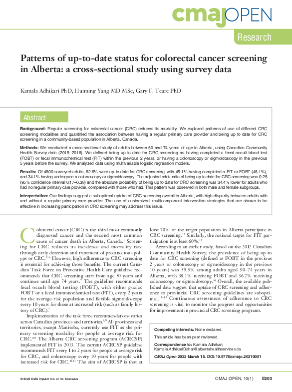 (PDF) Patterns of up-to-date status for colorectal cancer screening in Alberta: a cross ...