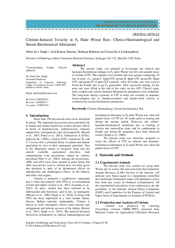 (PDF) Citrinin-Induced Toxicity in F 0 Male Wistar Rats: Clinico ...